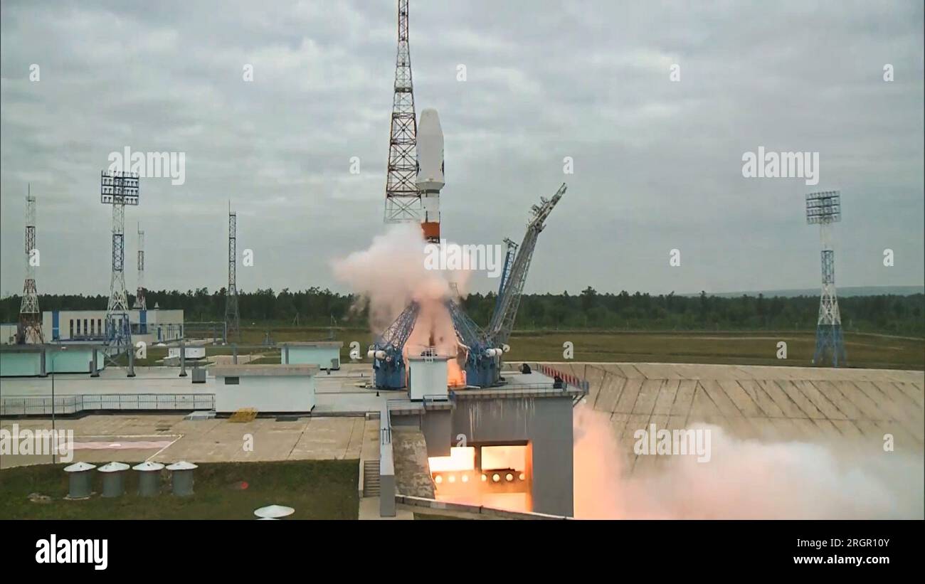 Vladivostok. 11th Aug, 2023. This video screenshot shows the Soyuz-2.1b ...