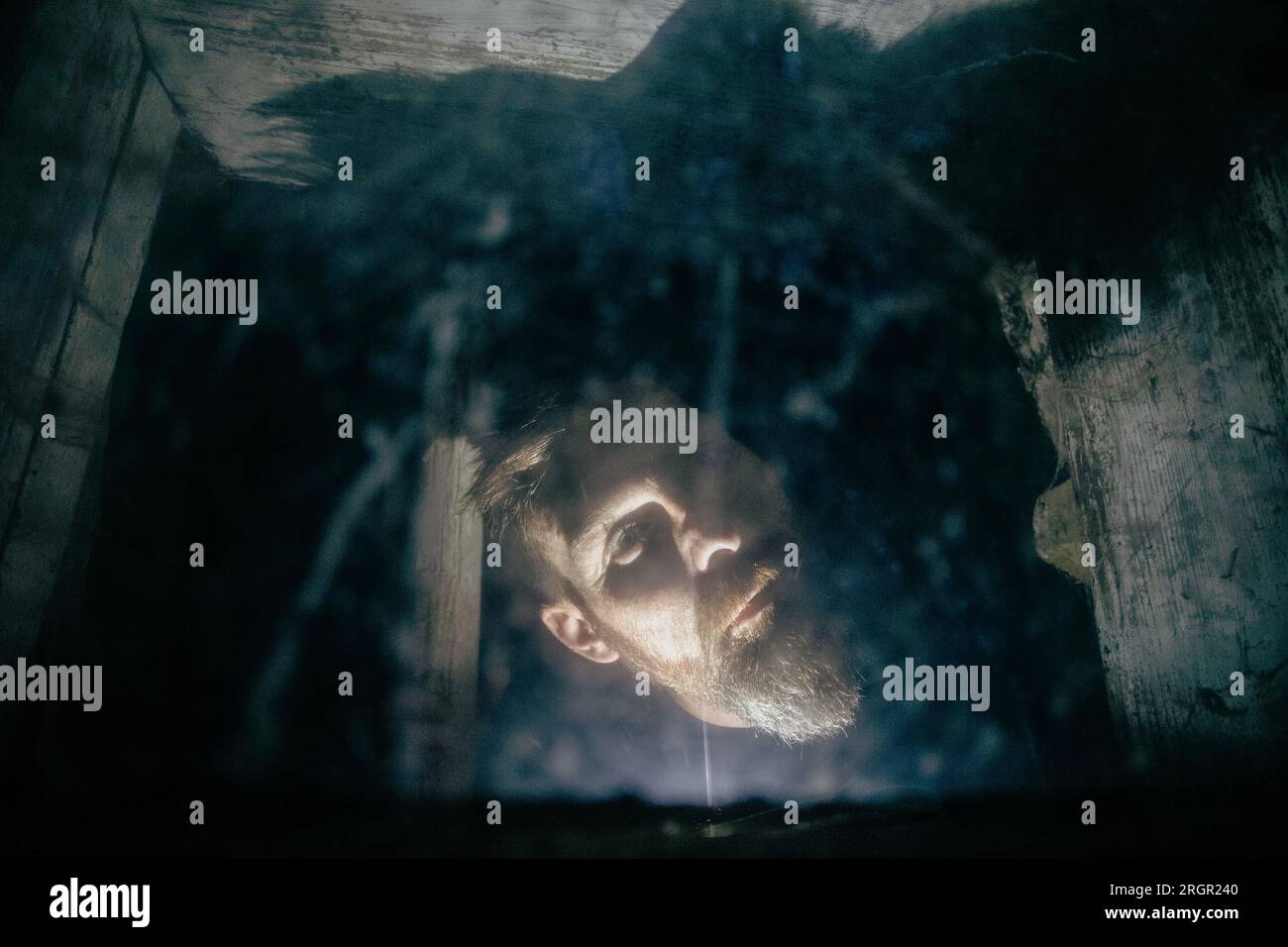 scary man behind window with spider nets at night Halloween horror ...