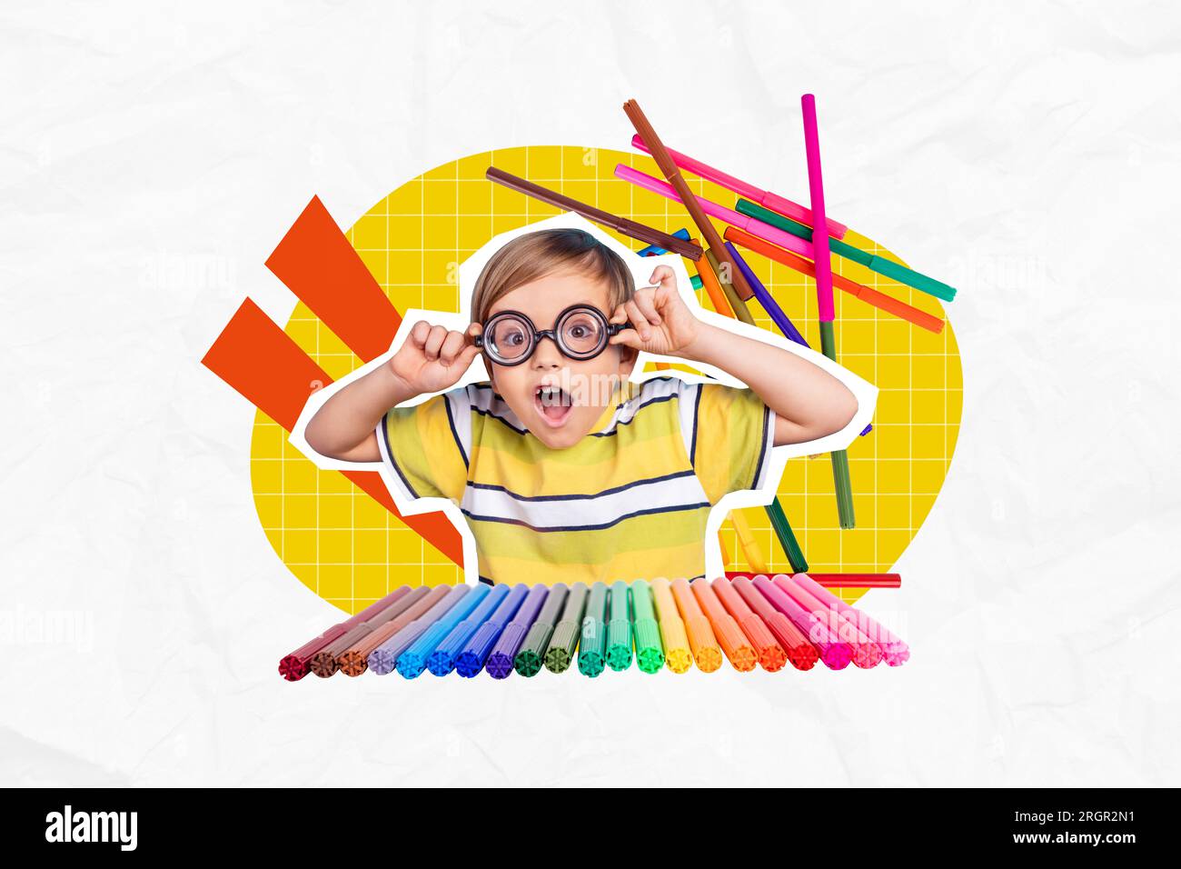 Small funny little kid boy collage elementary school highlighters ...