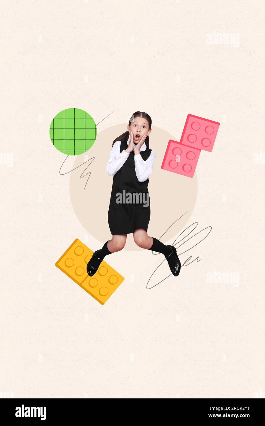 Vertical collage diligent academic school girl jumping scared lost ...