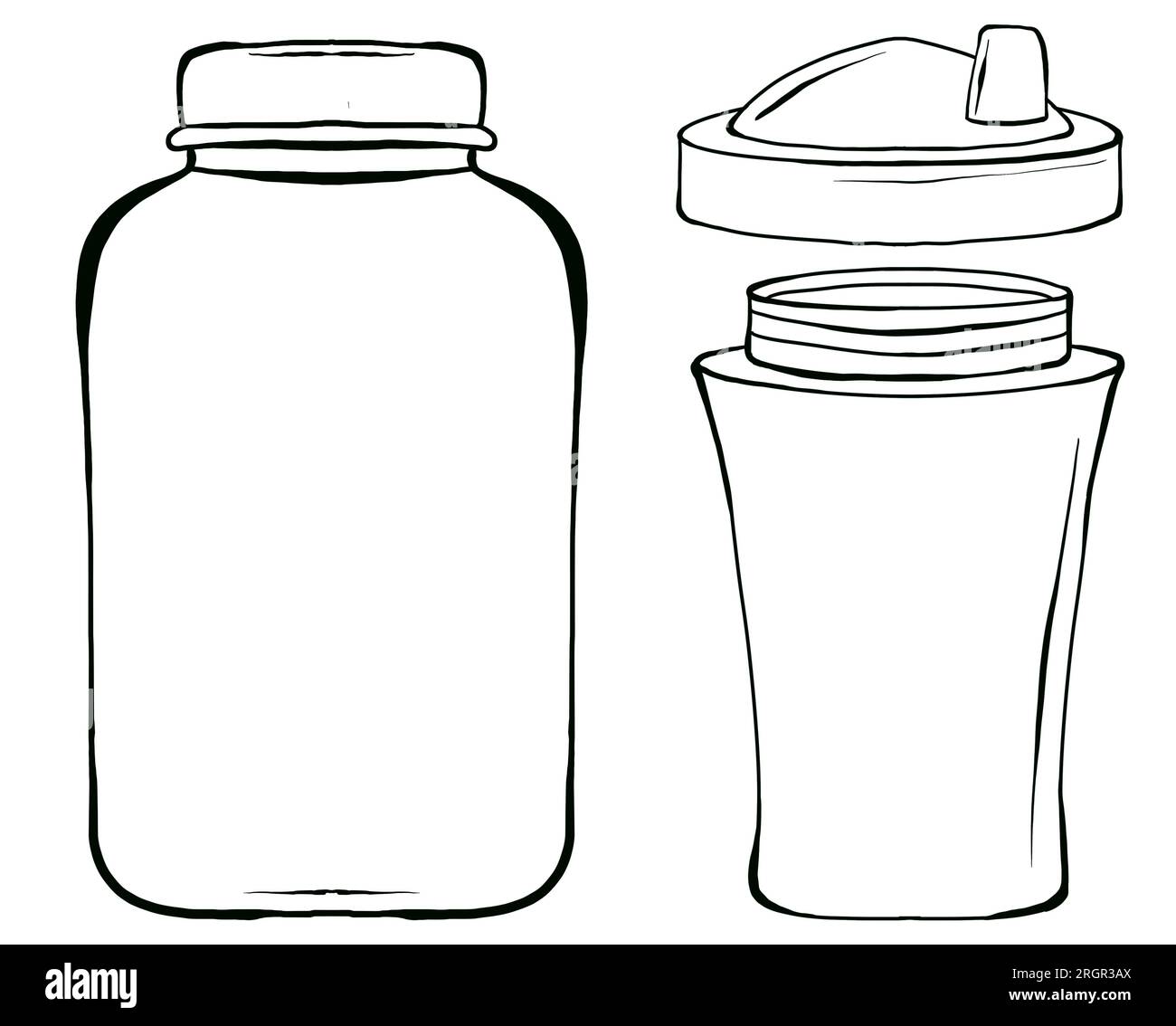 Graphic silhouette shaker and bottle for sports nutrition. Hand drawn ...