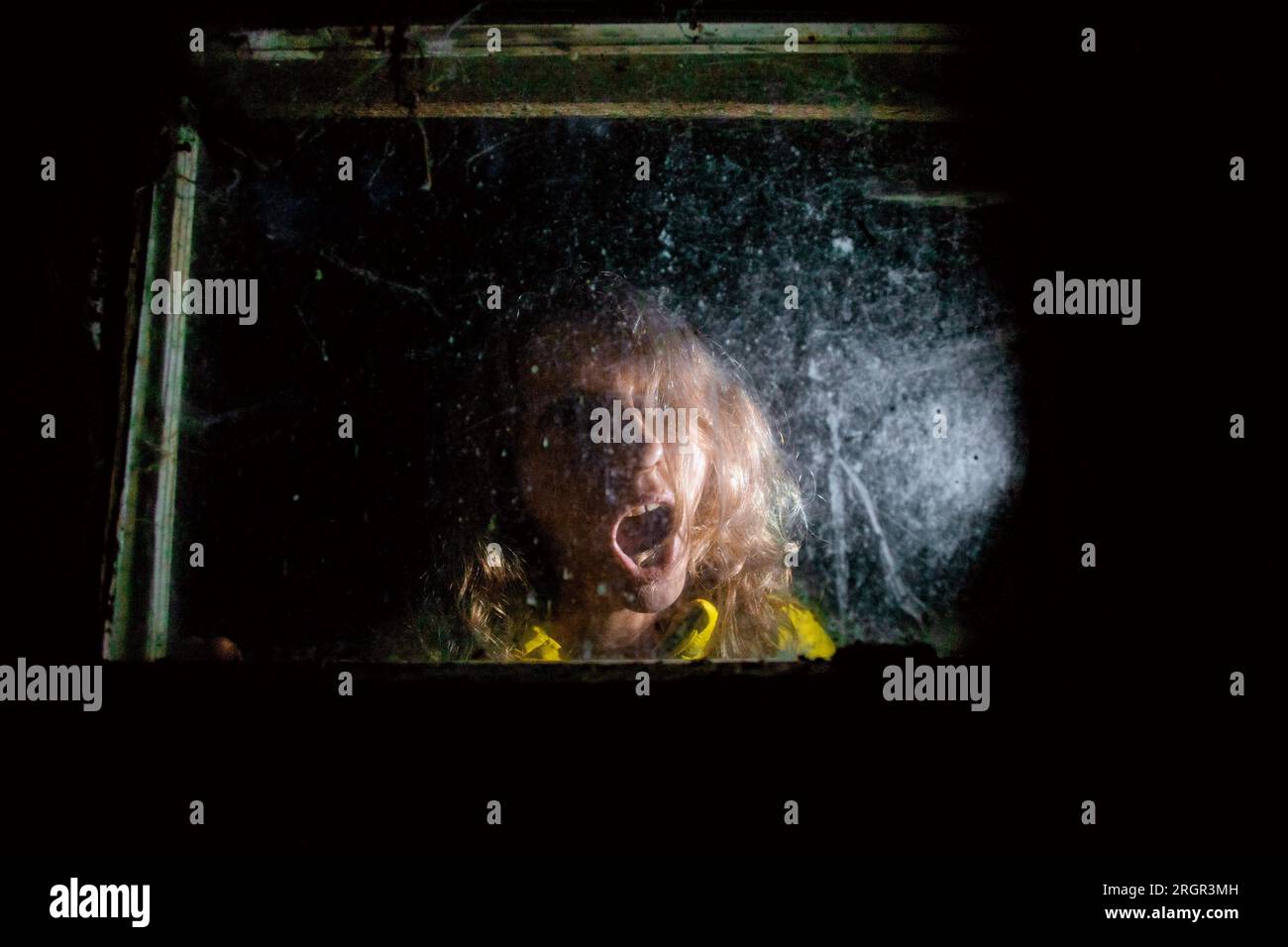 scary woman behind window at night Halloween horror background Stock ...
