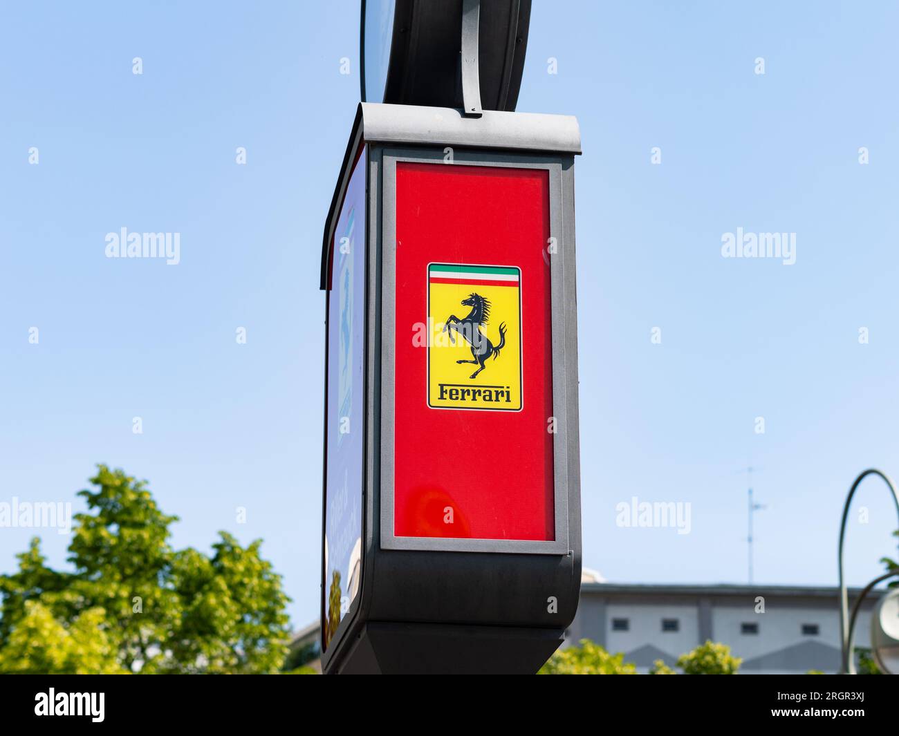 Ferrari logo sign of the Italian car manufacturer as advertisement in ...