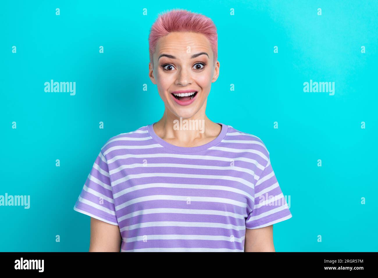 Portrait of impressed speechless nice cheerful person open mouth cant ...
