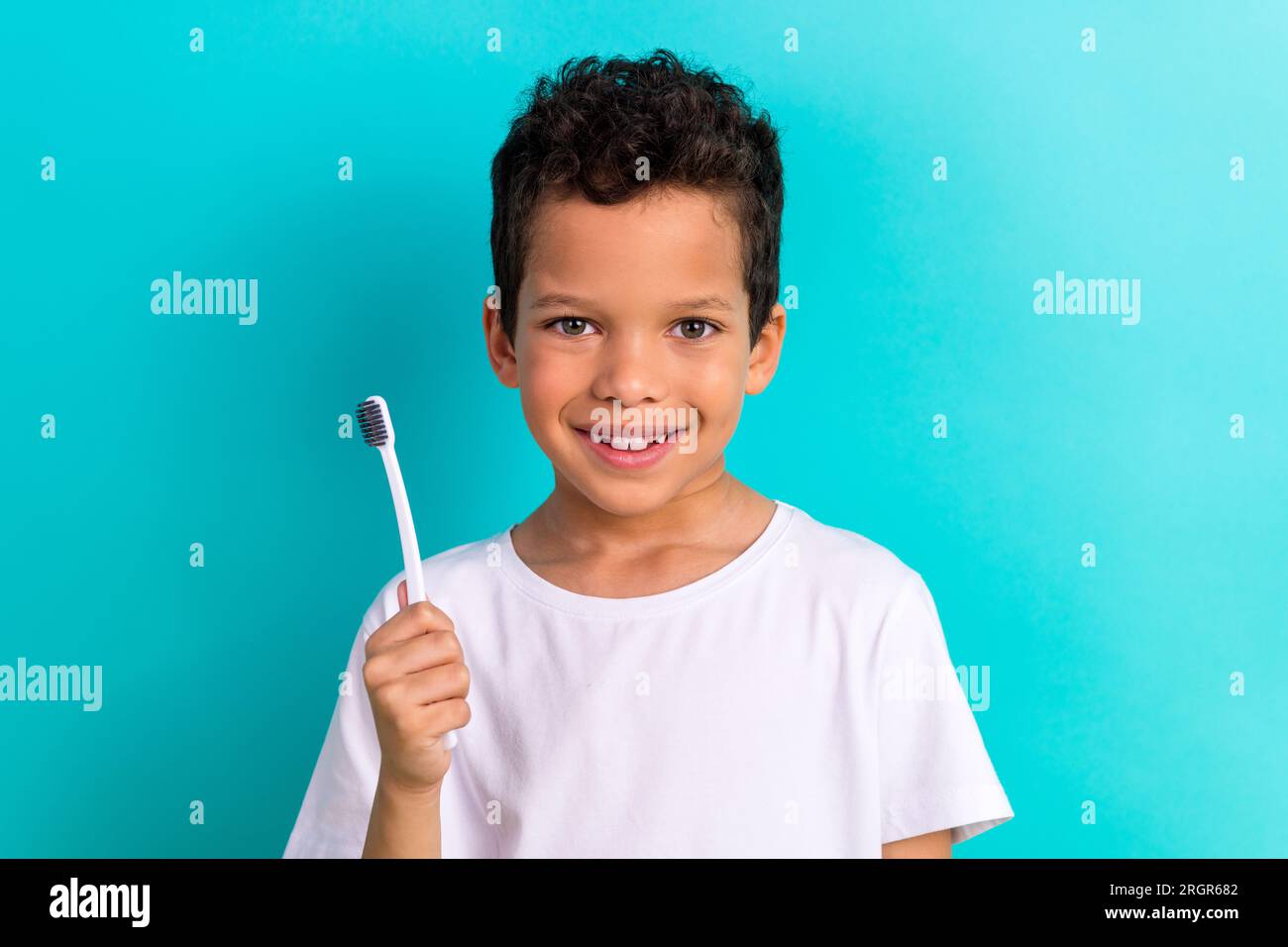 Photo of cute cheerful funky person toothy smile hand hold toothbrush ...