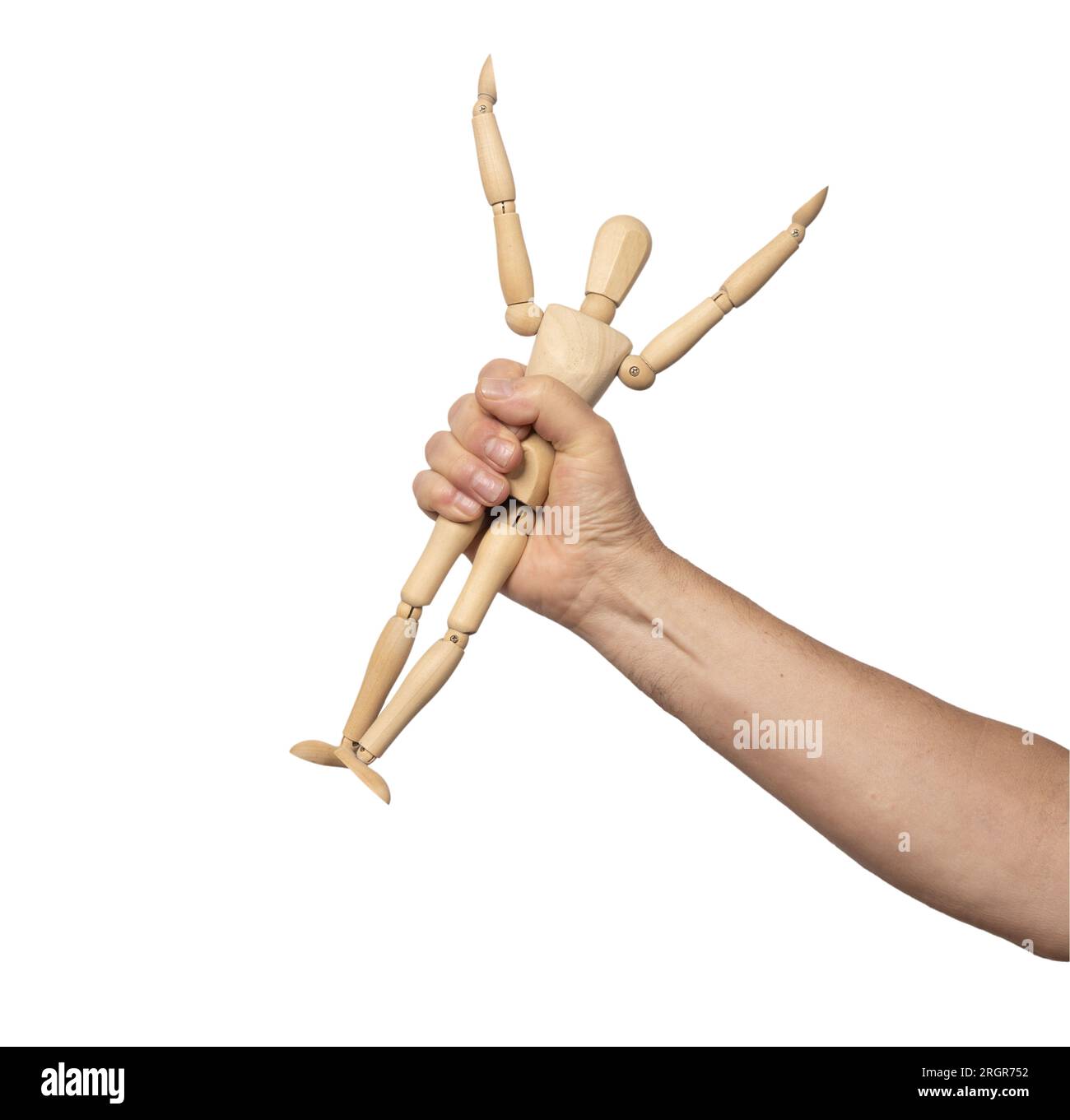 a small wooden dummy in a man's hand on a transparent background Stock ...