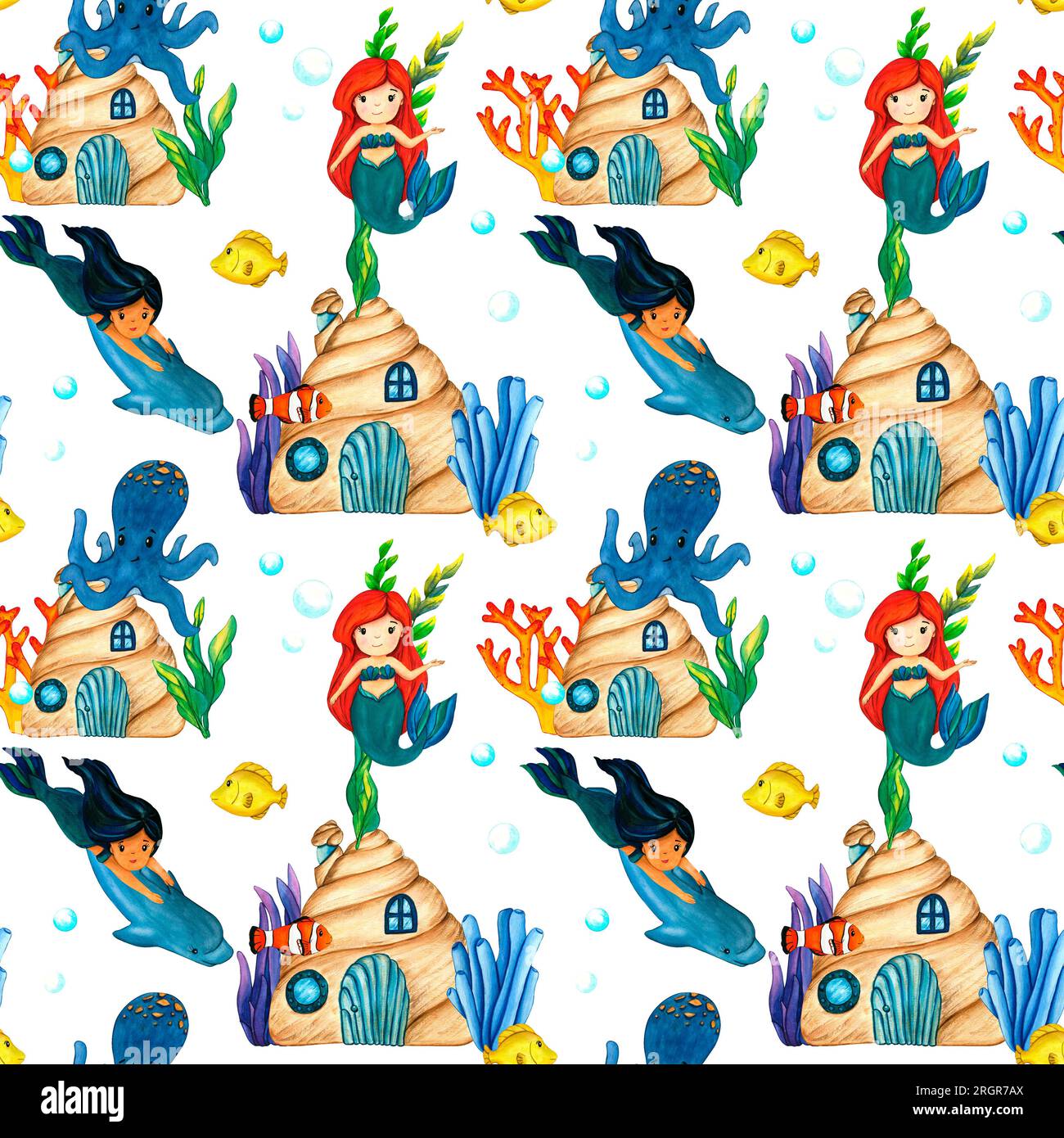 Watercolor seamless pattern shell house, cute mermaid, dolphin and blue ...
