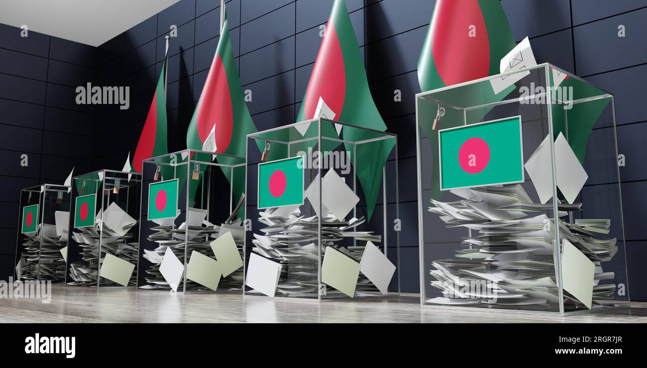 Bangladesh - several ballot boxes and flags - voting, election concept ...