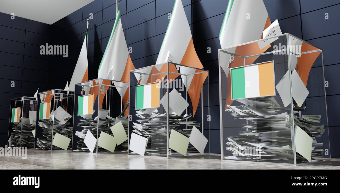 Ireland - several ballot boxes and flags - voting, election concept ...