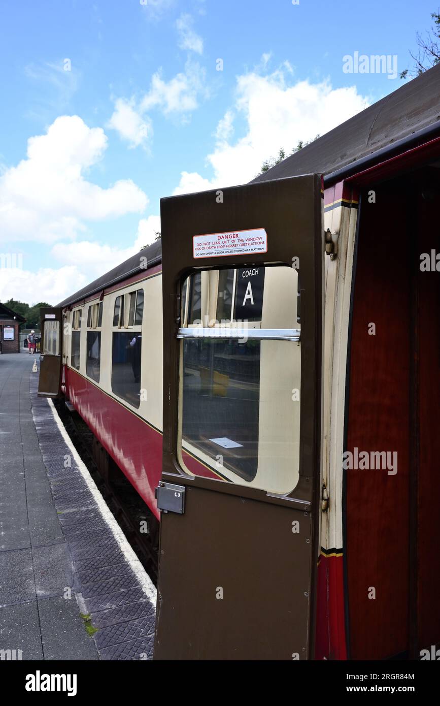 Open carriage doors on a Bodmin & Wenford Railway steam train waiting ...