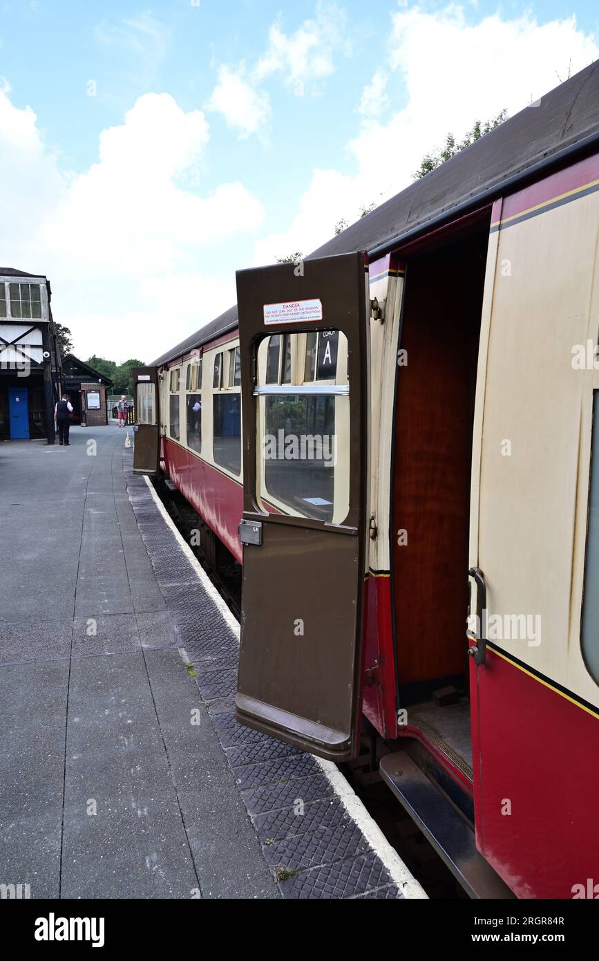 Open carriage doors on a Bodmin & Wenford Railway steam train waiting ...