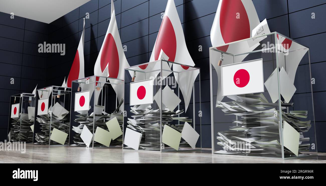Japan - several ballot boxes and flags - voting, election concept - 3D ...