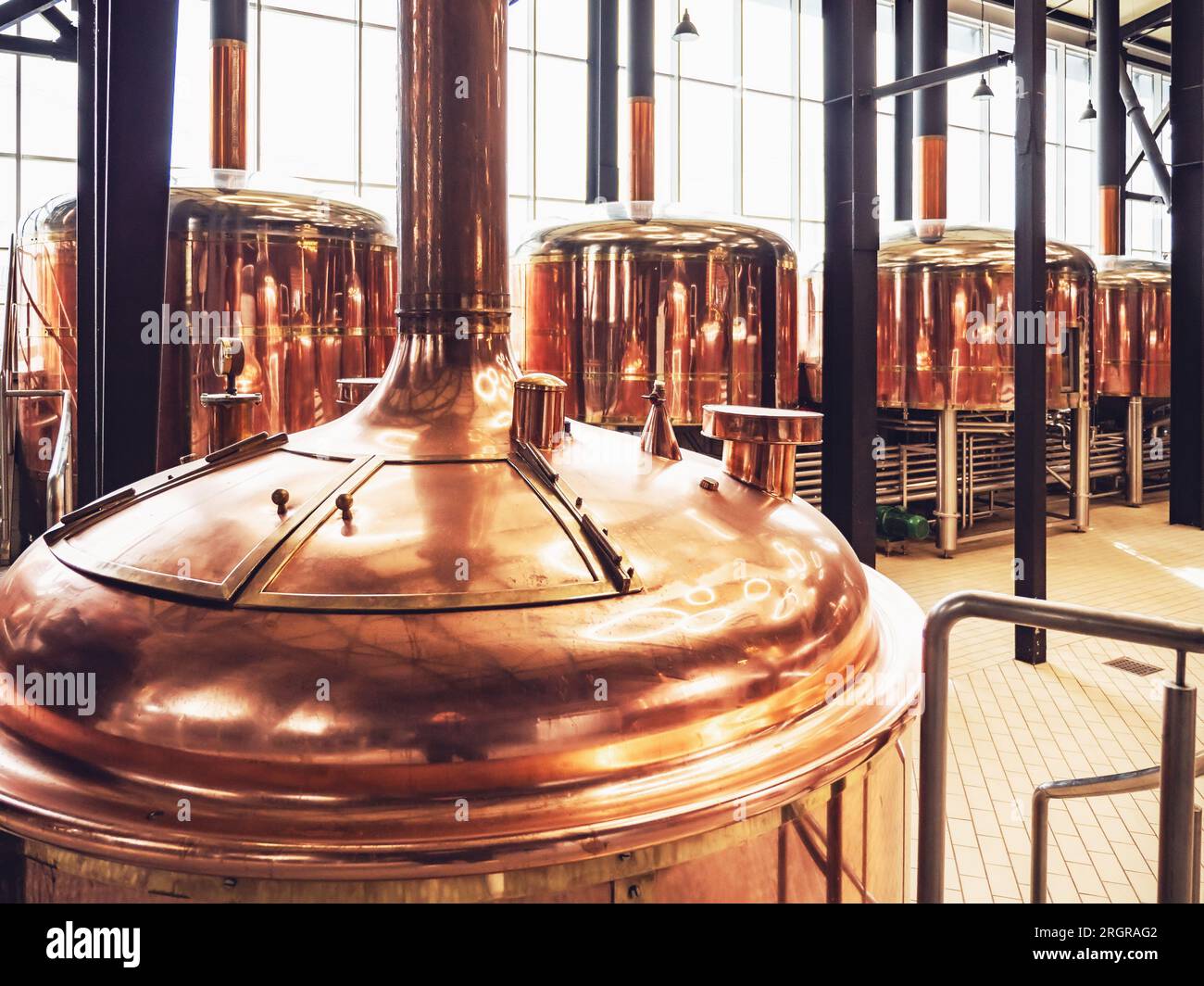 Micro Brewery and equipment. Round copper storage tanks for beer ...
