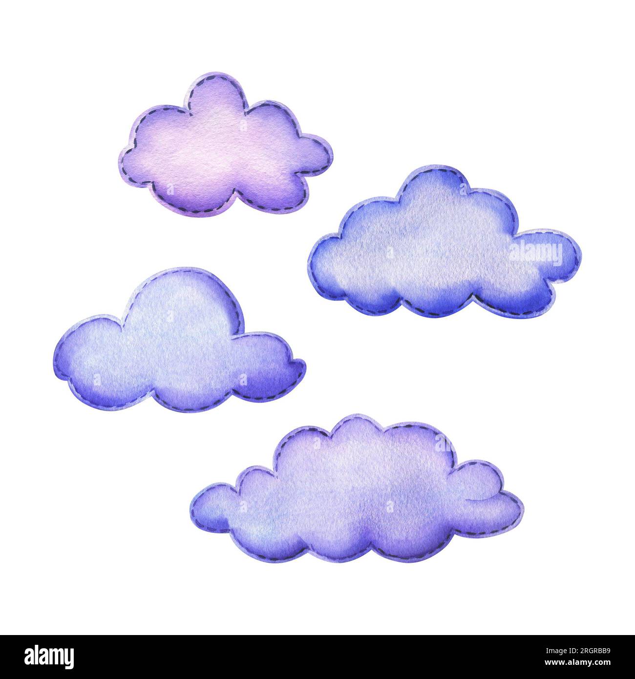 Blue, lilac clouds are sewn from fabric with thread stitches ...