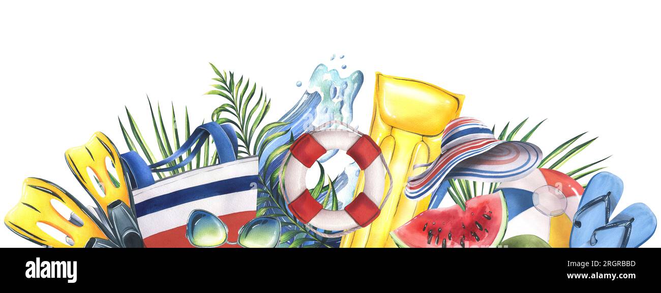 Beach bag, inflatable toys, fruits, tropical palm leaves. Watercolor ...