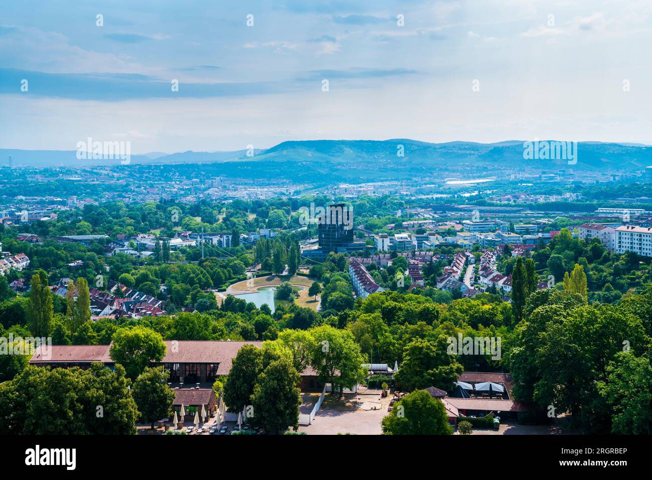 Germany, Stuttgart city panorama aerial view above killesberg houses ...