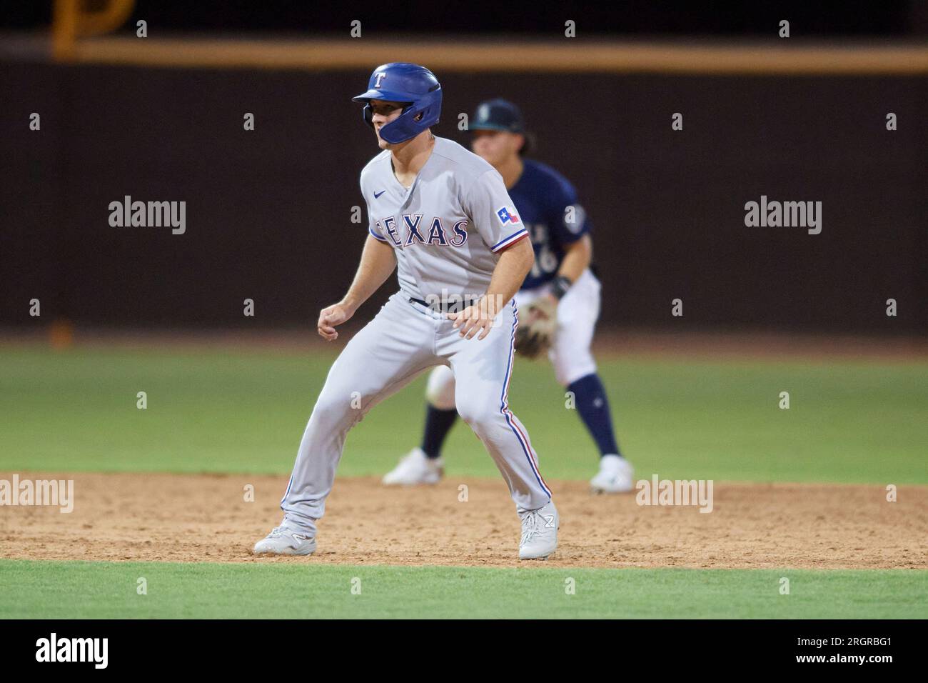 Wyatt Langford (3) of the ACL Rangers leads off second base during an ...