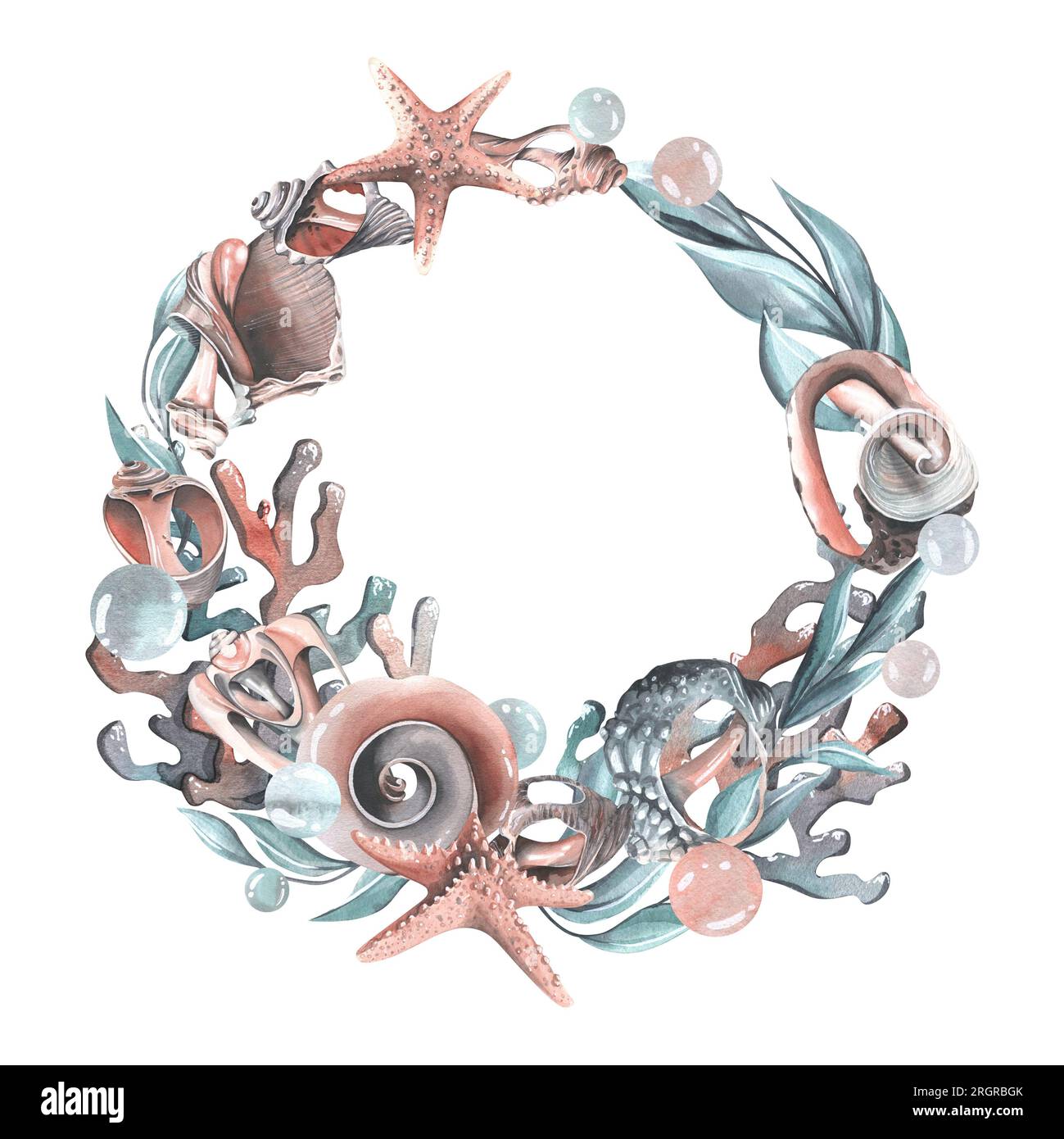 Seashells, starfishes, bubbles, algae and corals turquoise. Watercolor ...