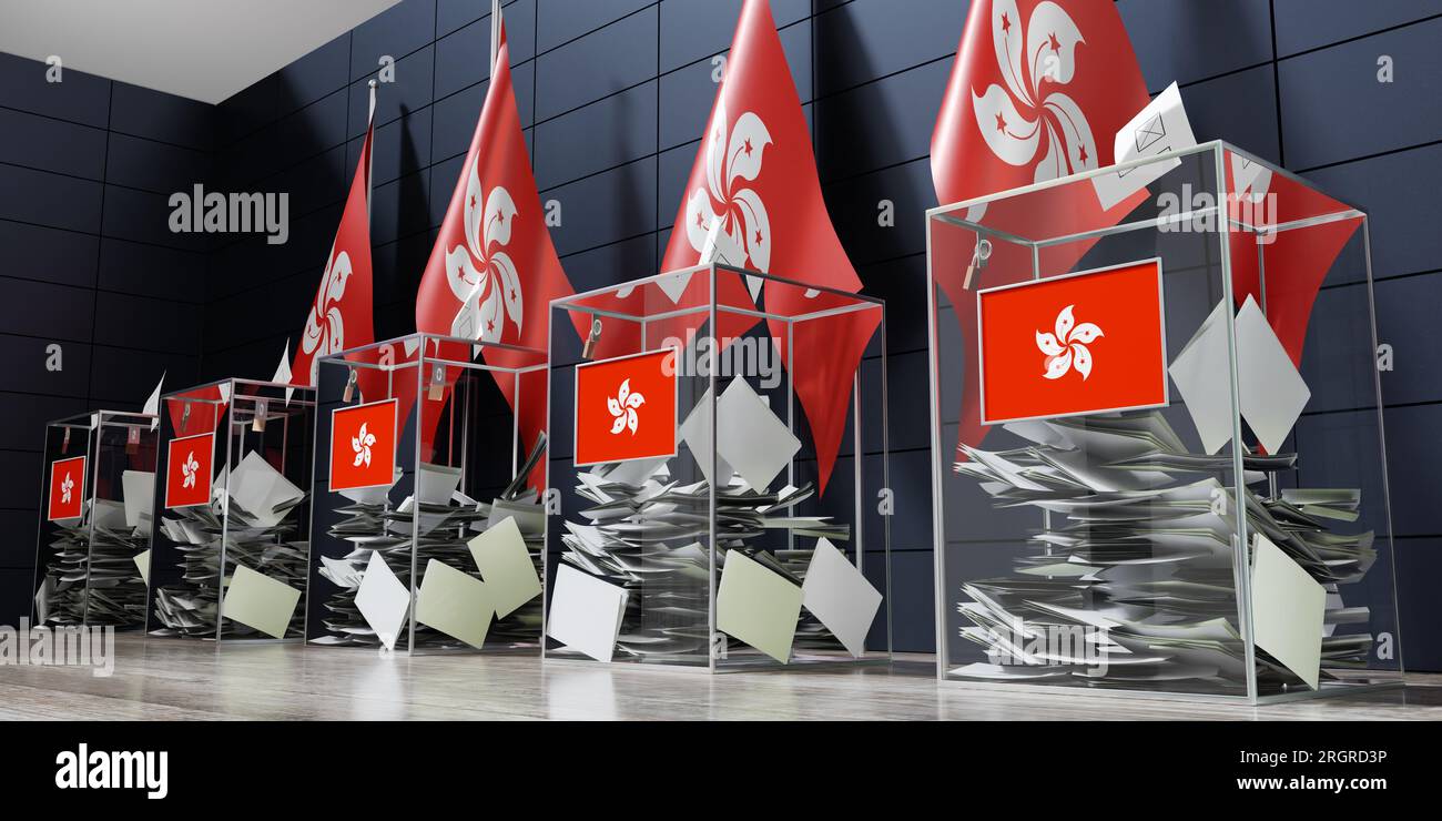 Hong Kong - several ballot boxes and flags - voting, election concept ...