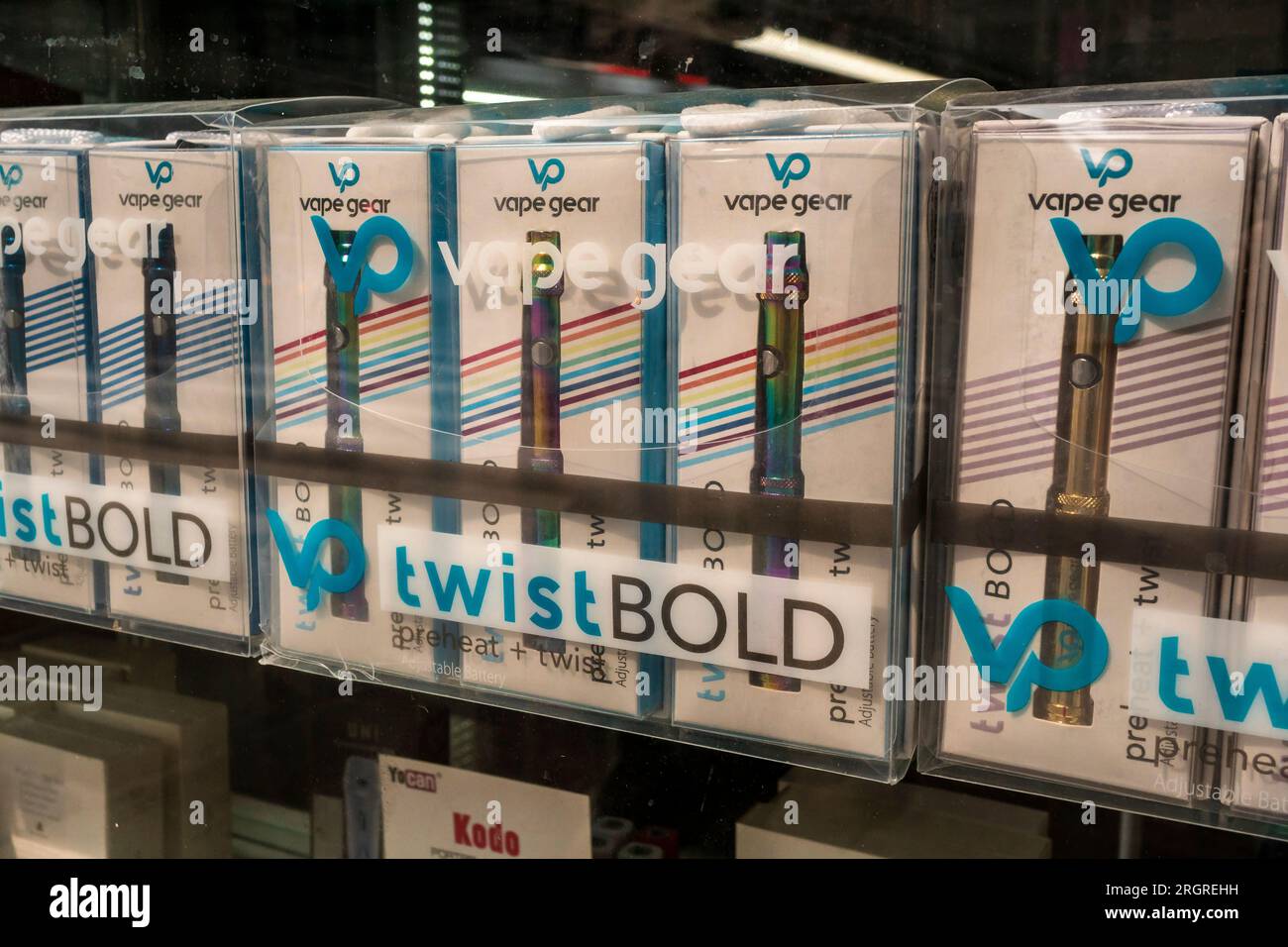 A selection of Vape Gear brand Twist Bold vaping supplies on display in ...
