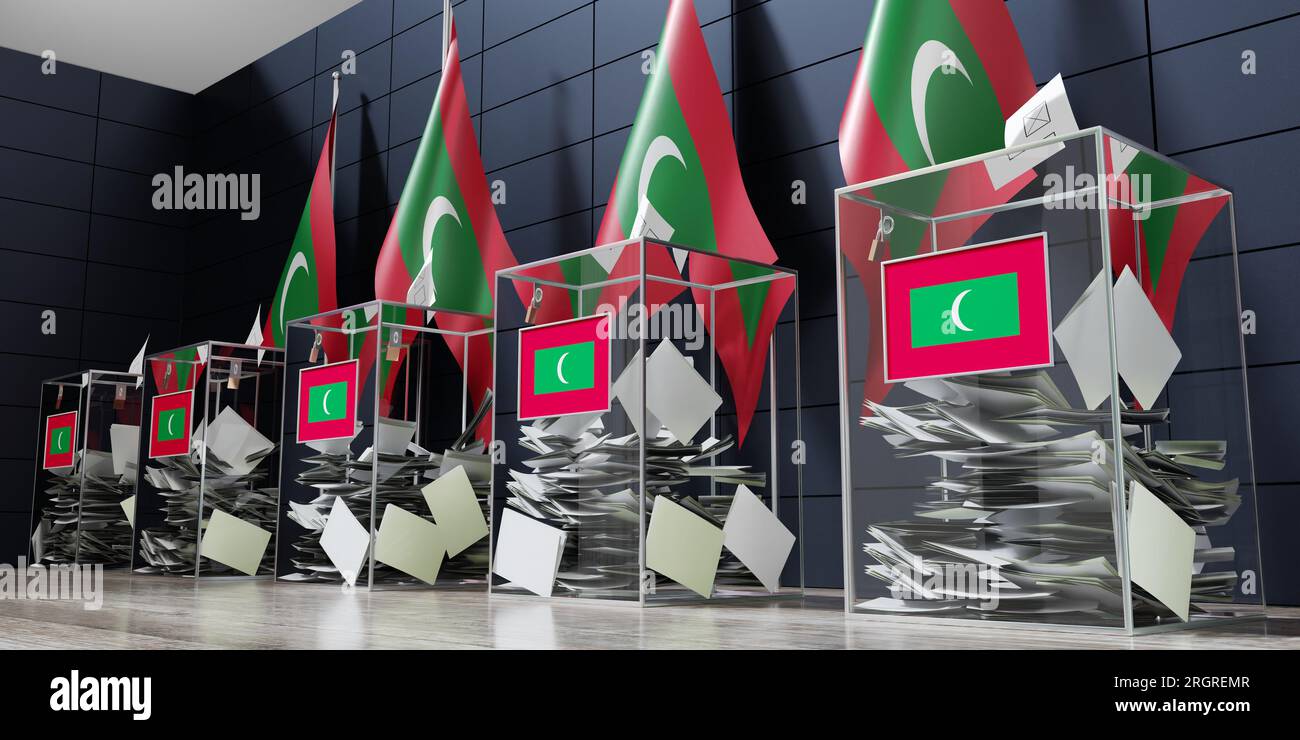 Maldives - several ballot boxes and flags - voting, election concept ...