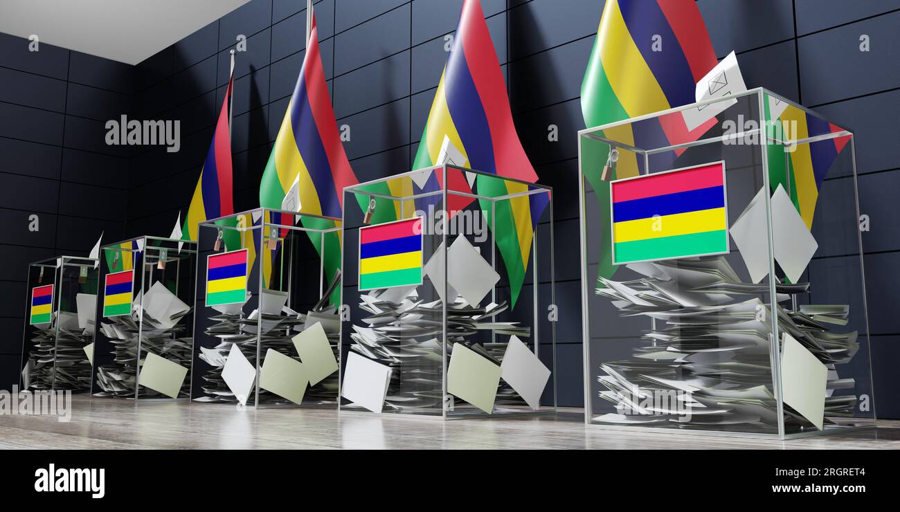 Mauritius - several ballot boxes and flags - voting, election concept ...