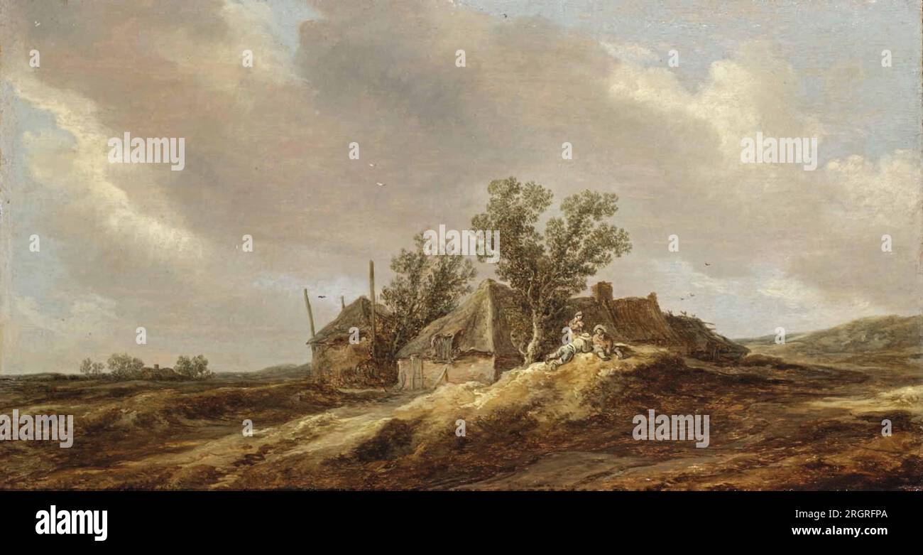 An extensive dune landscape with peasants resting in front of a farm ...