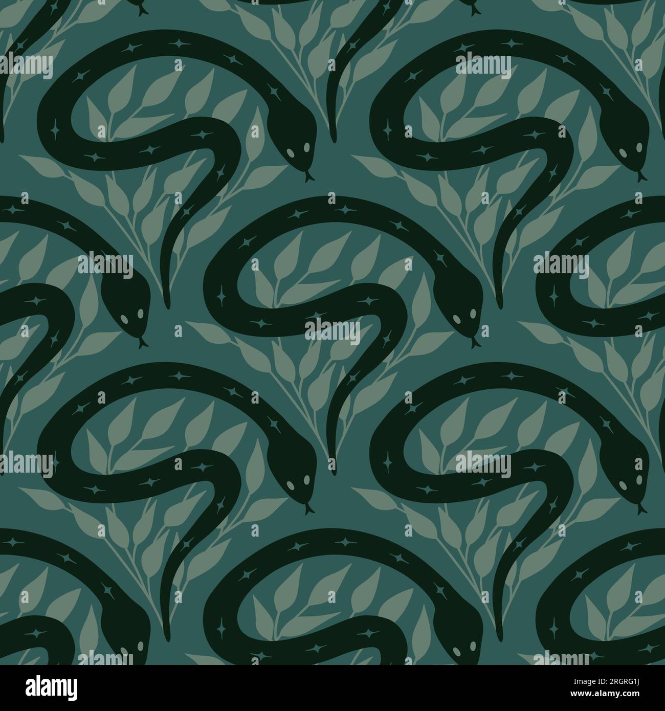 Hand drawn seamless pattern of black snake on sage green background ...