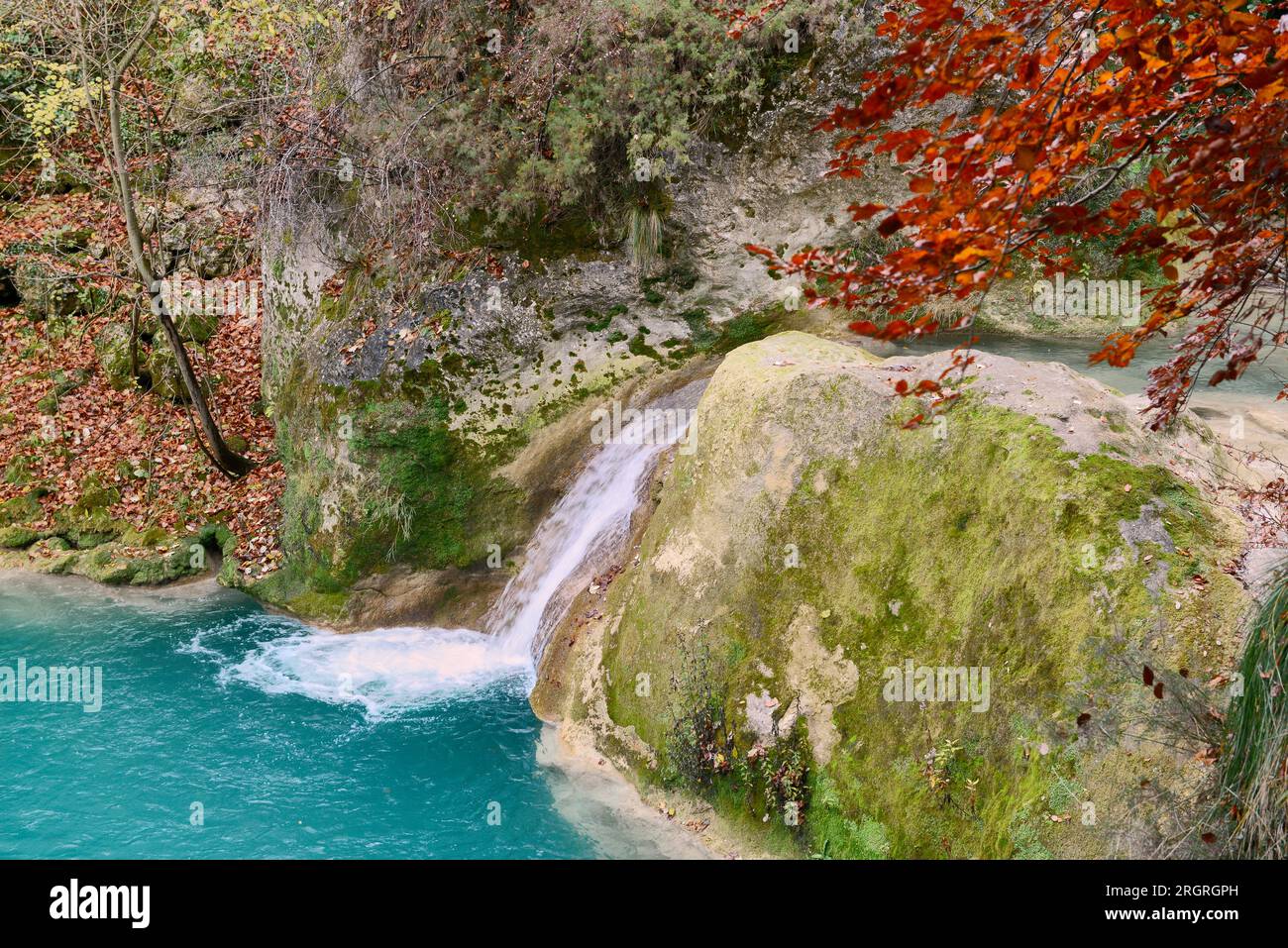 Turquoise water in the source of the Uderra River natural Park Urbasa ...