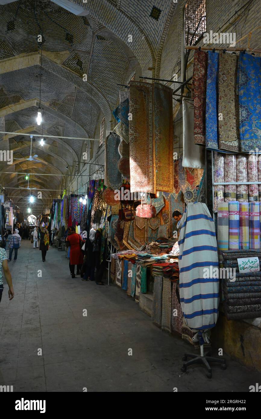 View from the interior of the old Grand Bazaar in Shiraz, Iran. Textile ...