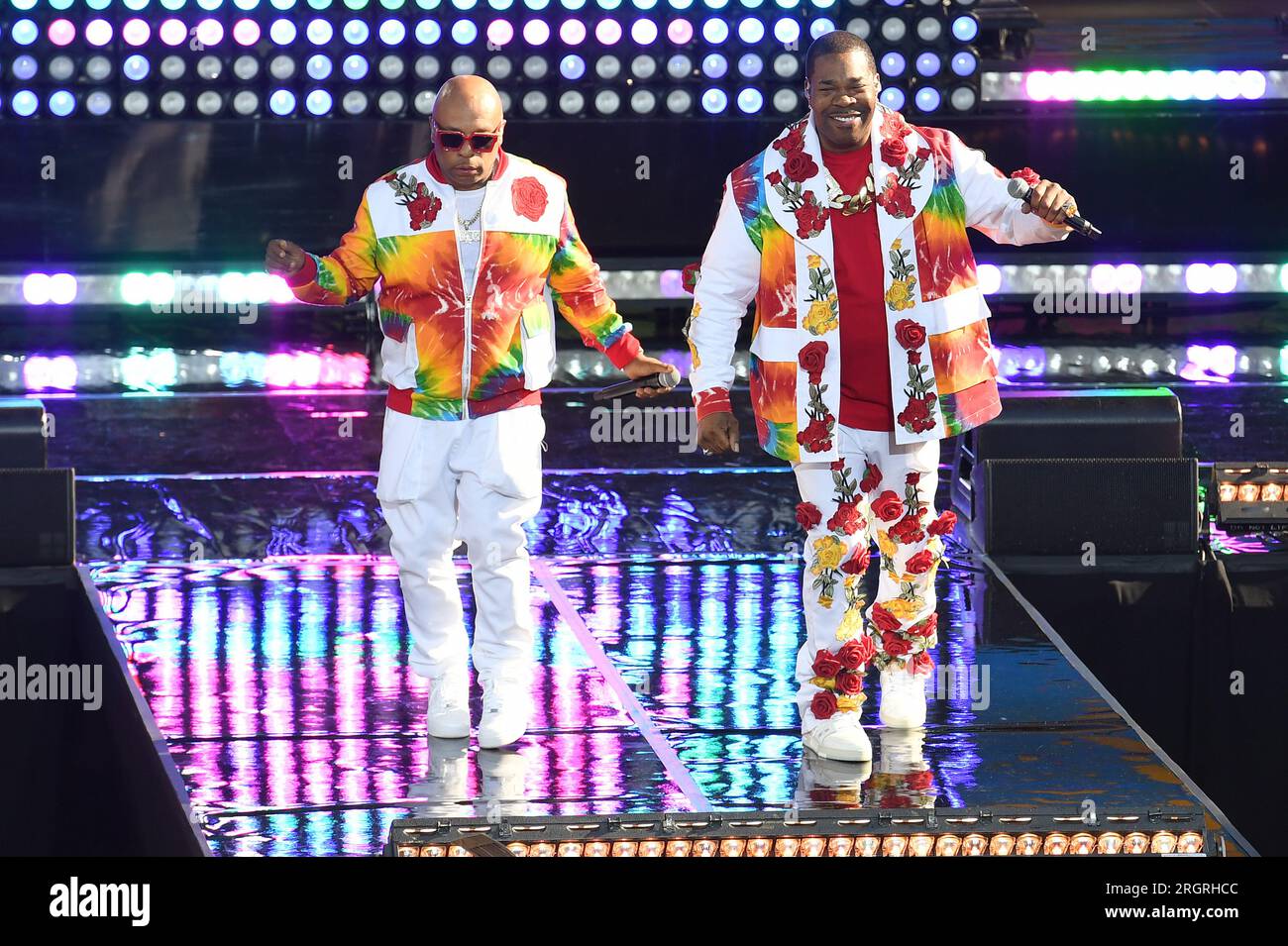 New York, USA. 11th Aug, 2023. (L-R) Rappers Spliff Star and Busta ...