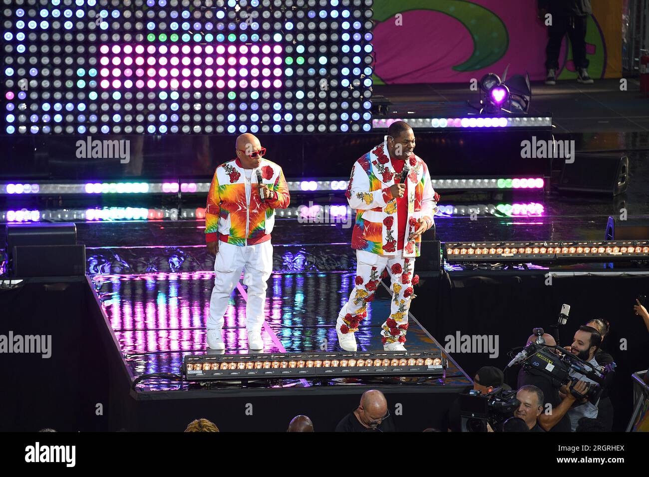 New York, USA. 11th Aug, 2023. (L-R) Rappers Spliff Star and Busta ...