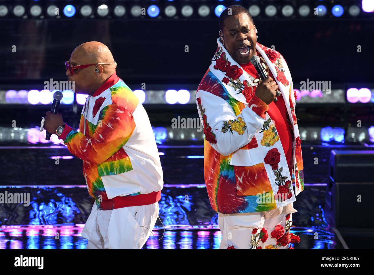 New York, USA. 11th Aug, 2023. (L-R) Rappers Spliff Star and Busta ...