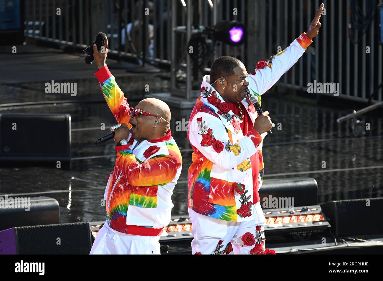 New York, USA. 11th Aug, 2023. (L-R) Rappers Spliff Star and Busta ...