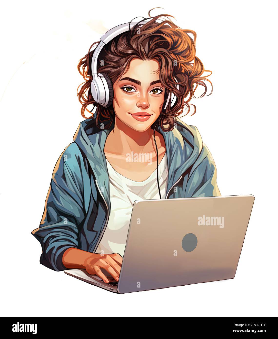 Portrait of happy young girl using laptop computer isolated on white ...