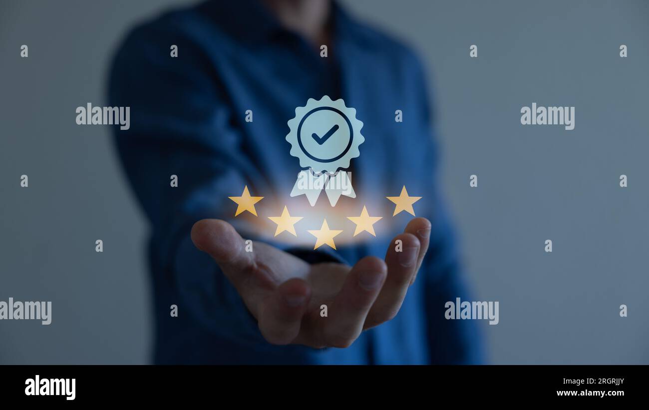 Hand shows the sign service Quality assurance 5 star, Guarantee ...