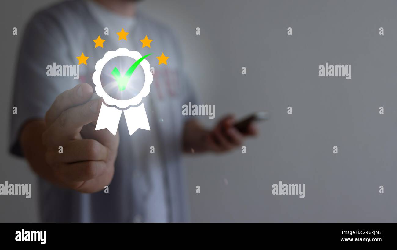 Quality assurance of business services, Businessman Hand shows the sign ...