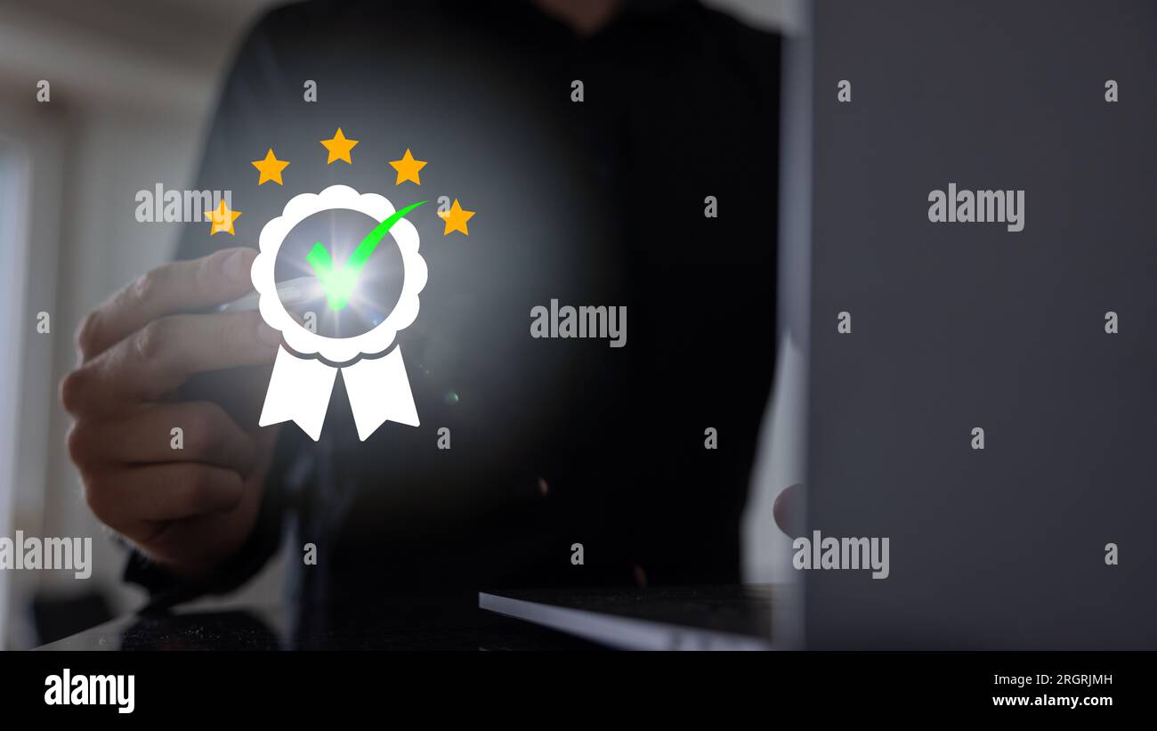 Quality assurance of business services, Businessman Hand shows the sign ...