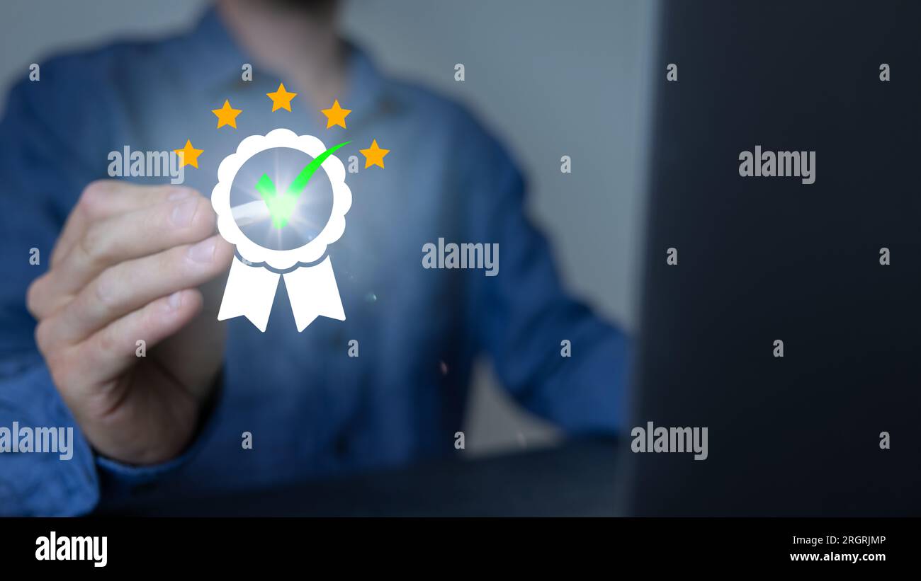 Quality assurance of business services, Businessman Hand shows the sign ...