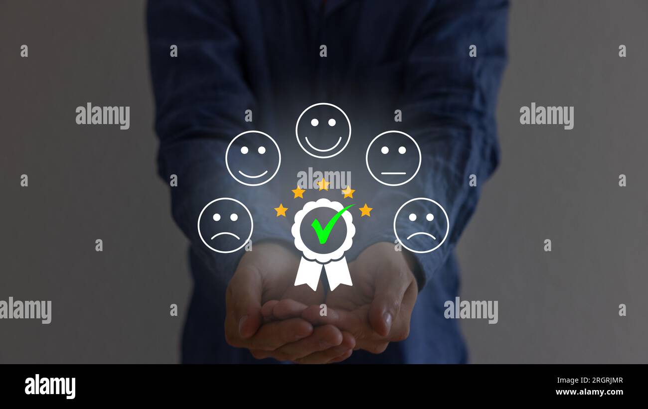 Hand shows the sign of the top service Quality assurance 5 star ...