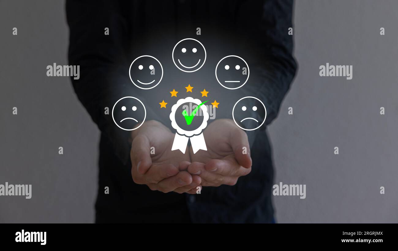 Hand shows the sign of the top service Quality assurance 5 star ...