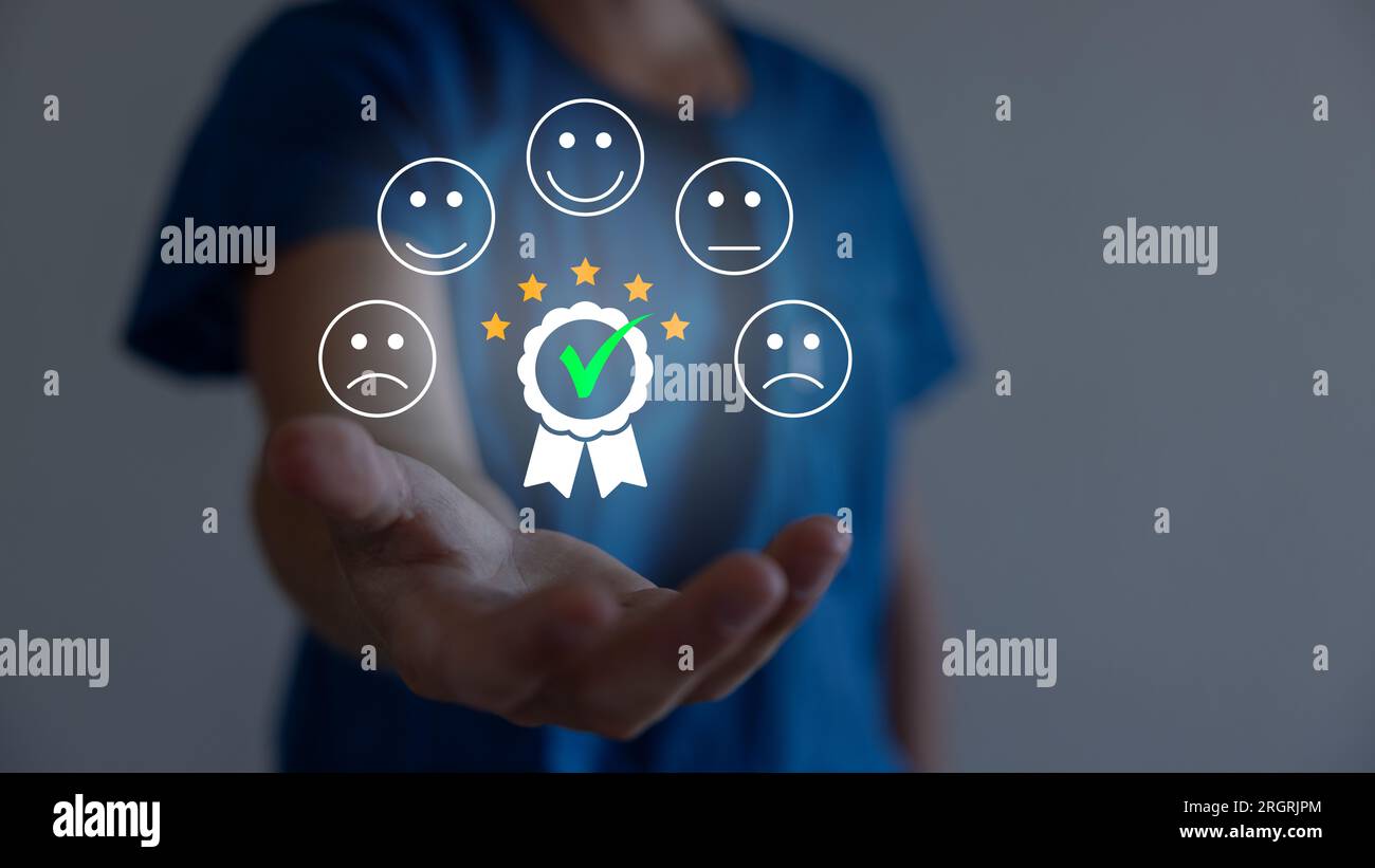 Hand shows the sign of the top service Quality assurance 5 star ...