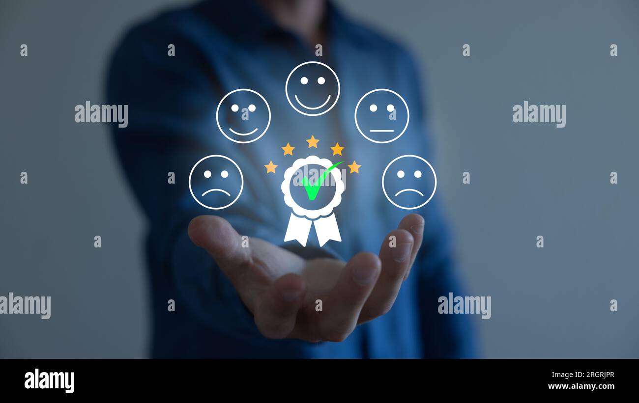 Hand shows the sign of the top service Quality assurance 5 star ...