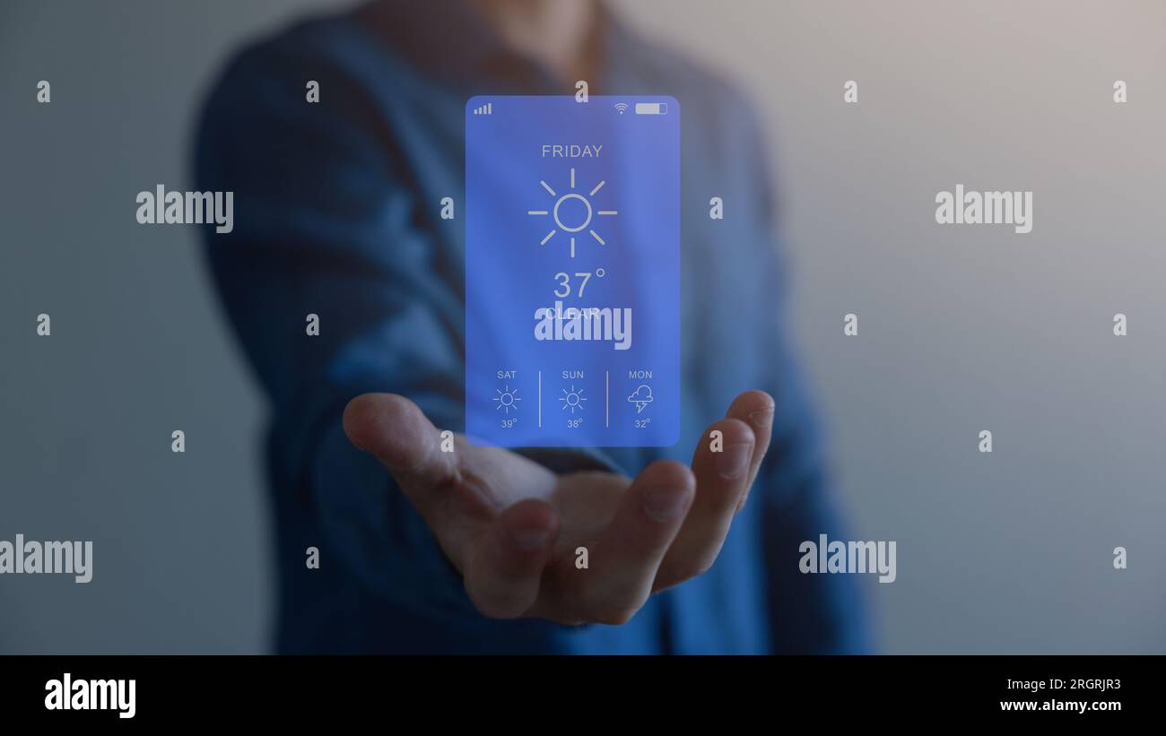 High temperature weather forecast, sunny day icon show on screen of the ...