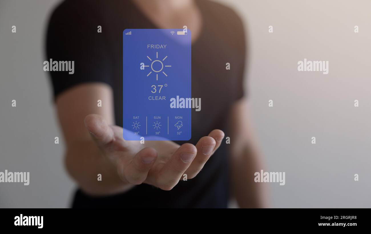 High temperature weather forecast, sunny day icon show on screen of the future slim transparent ...
