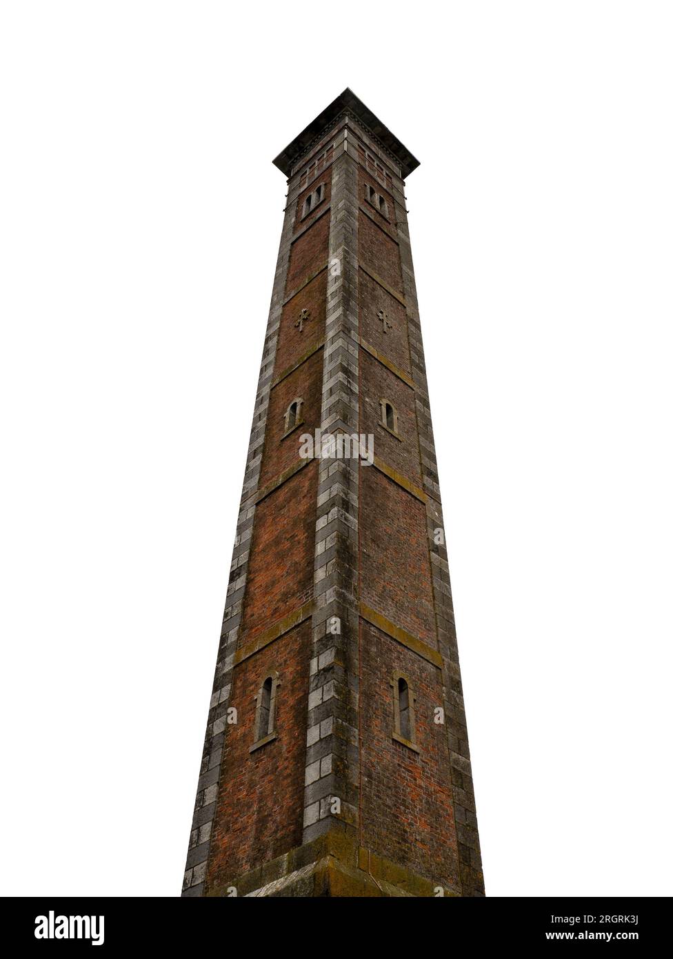 High brick tower construction over white background Stock Photo - Alamy