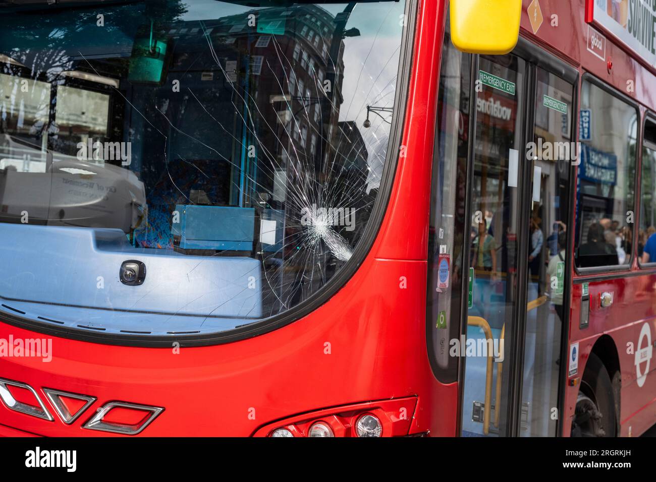 London, UK. 11 August 2023. A double-decker bus, with impact damage on ...