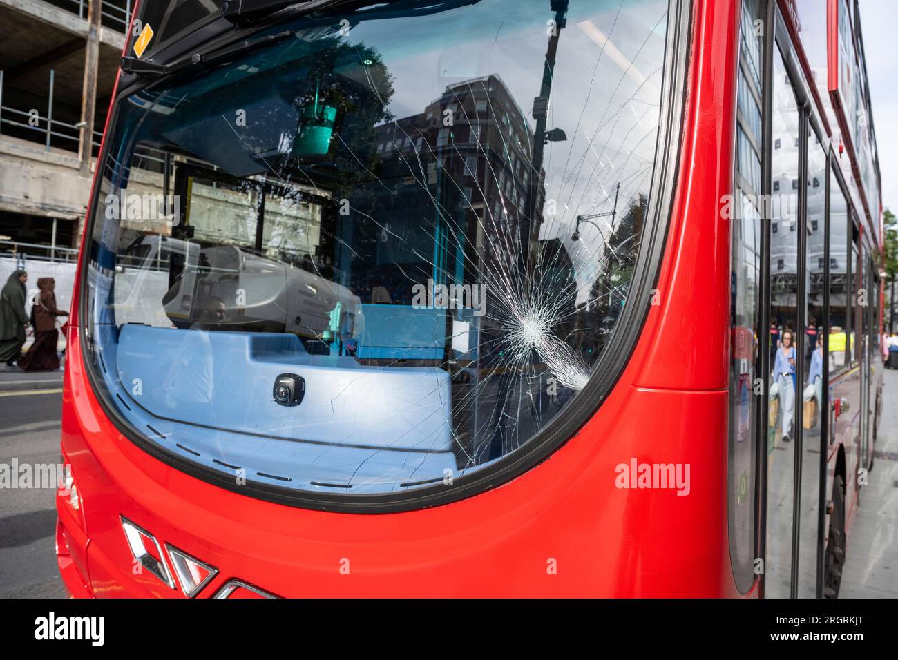 London, UK. 11 August 2023. A double-decker bus, with impact damage on ...