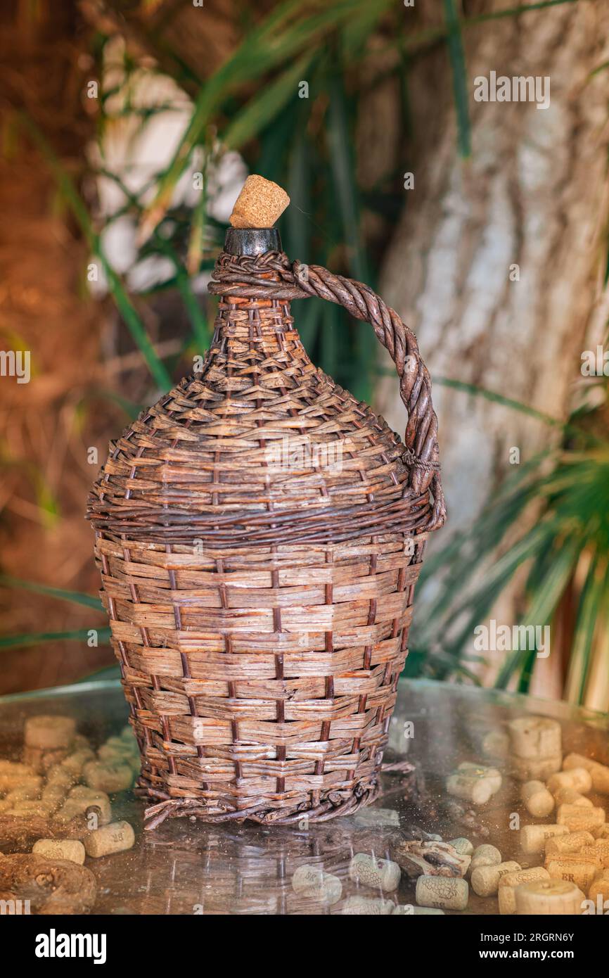 Large Vintage Wicker Wrapped Wine Bottle. Old Demijohn with Cork in ...