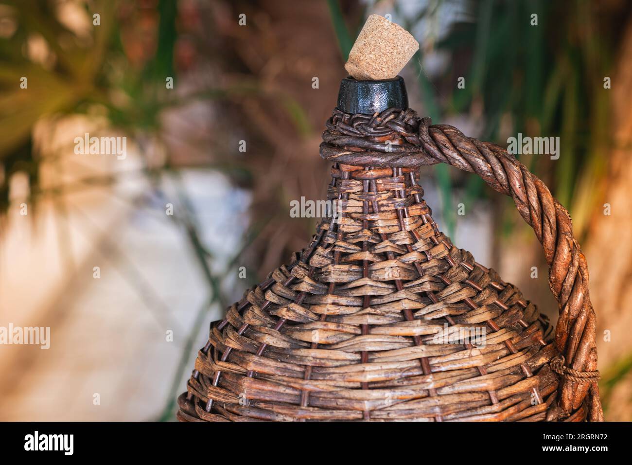 Large Vintage Wicker Wrapped Wine Bottle. Old Demijohn with Cork in ...
